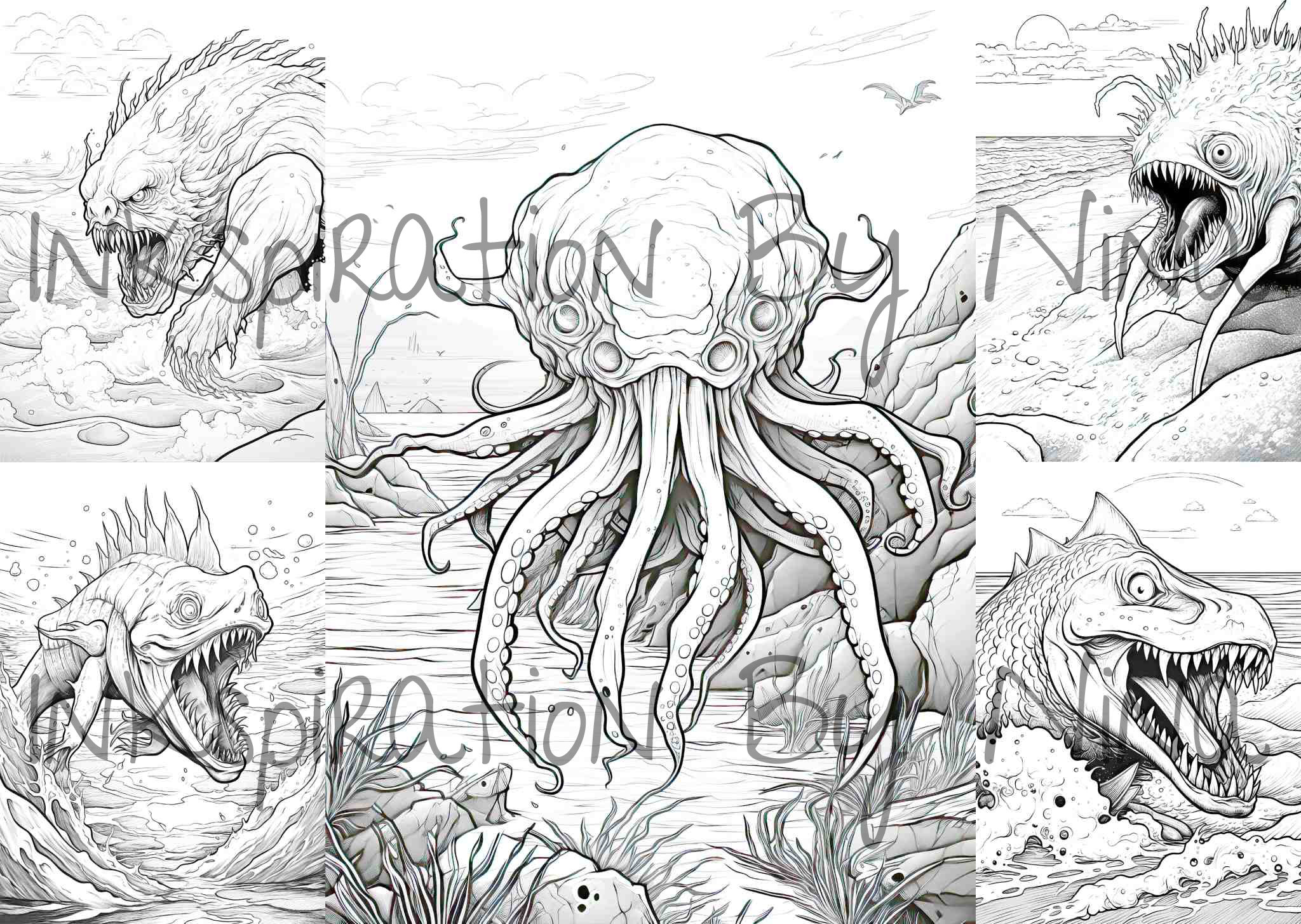 Scary Sea Monster Coloring Book, 27 Detail Greyscale Adult & Kid Sea ...