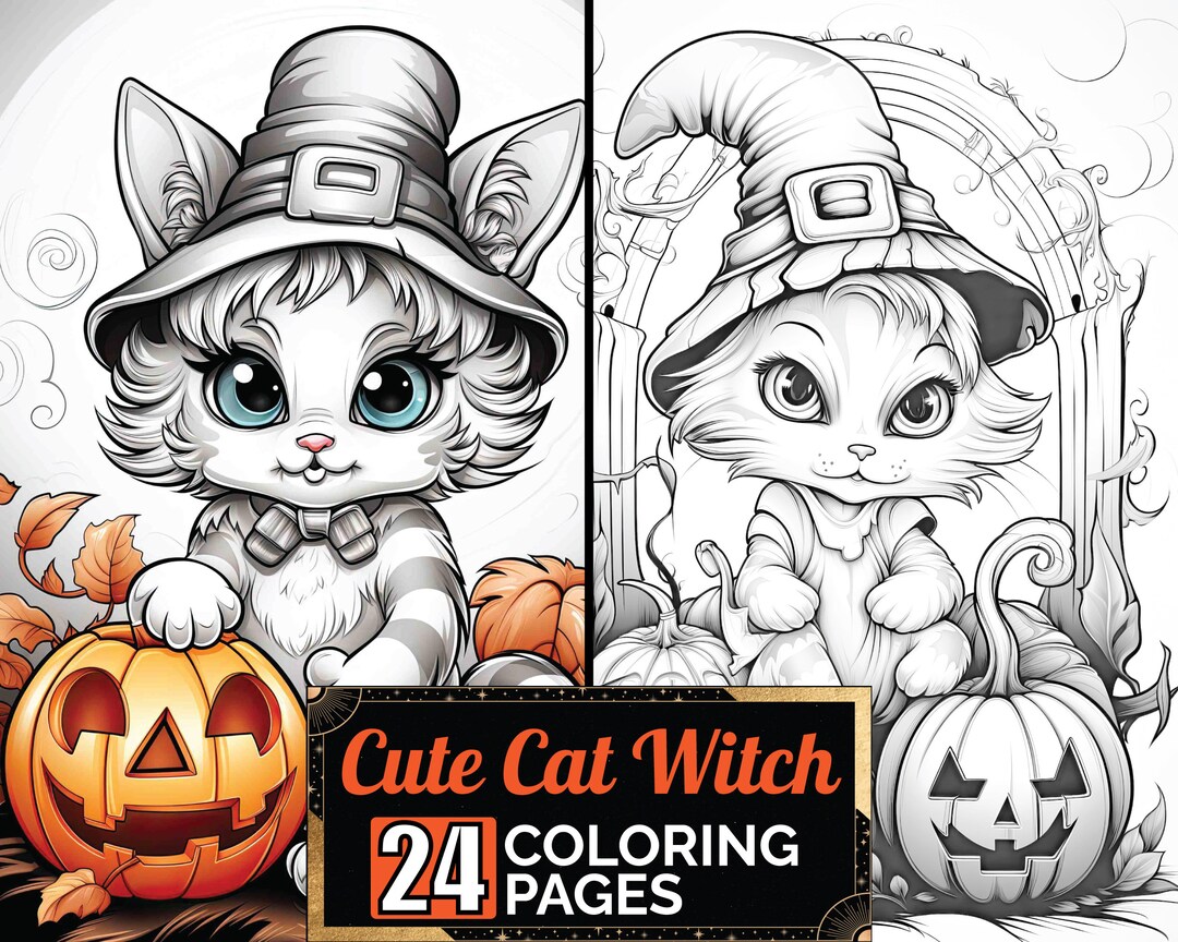Cute Cat Witch Coloring Book, 24 Greyscale Illustration Adult & Kids ...