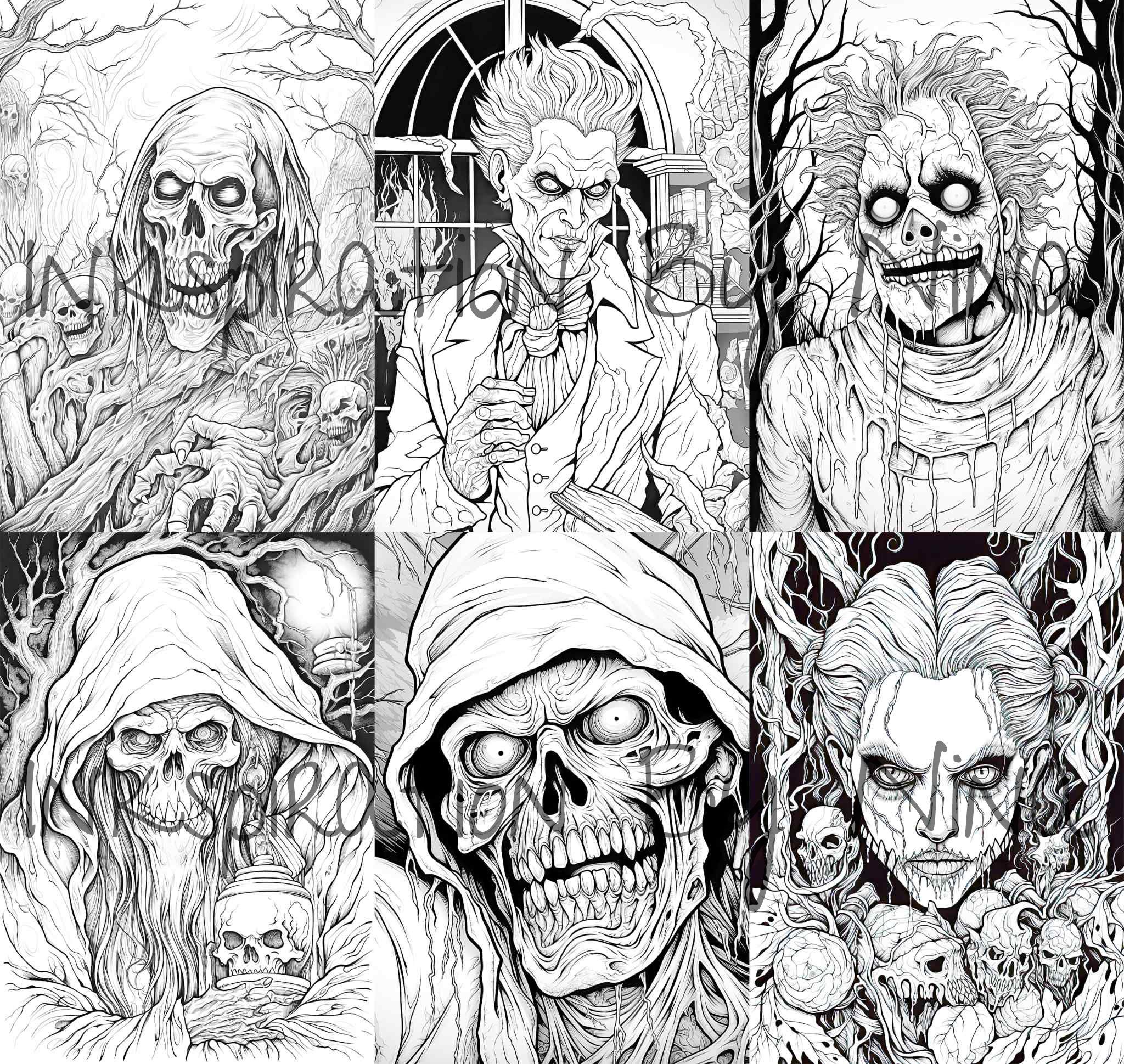 Scary Undead Coloring Book, 24 Detail Greyscale Adult & Kids Halloween ...