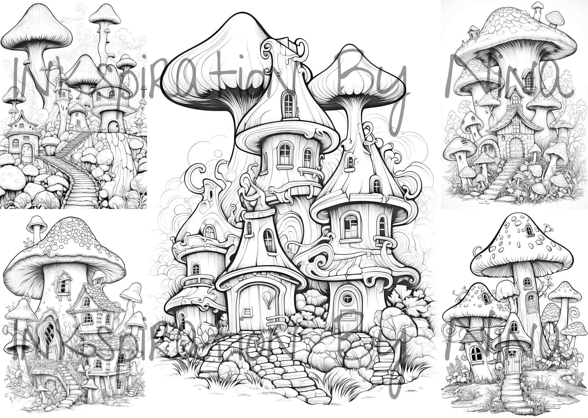 Magical Mushroom Village Coloring Book, 15 Detail Greyscale Adult ...