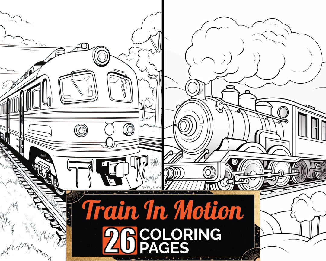 Train in Motion Coloring Book, 26 Detail Greyscale Adult & Kids ...