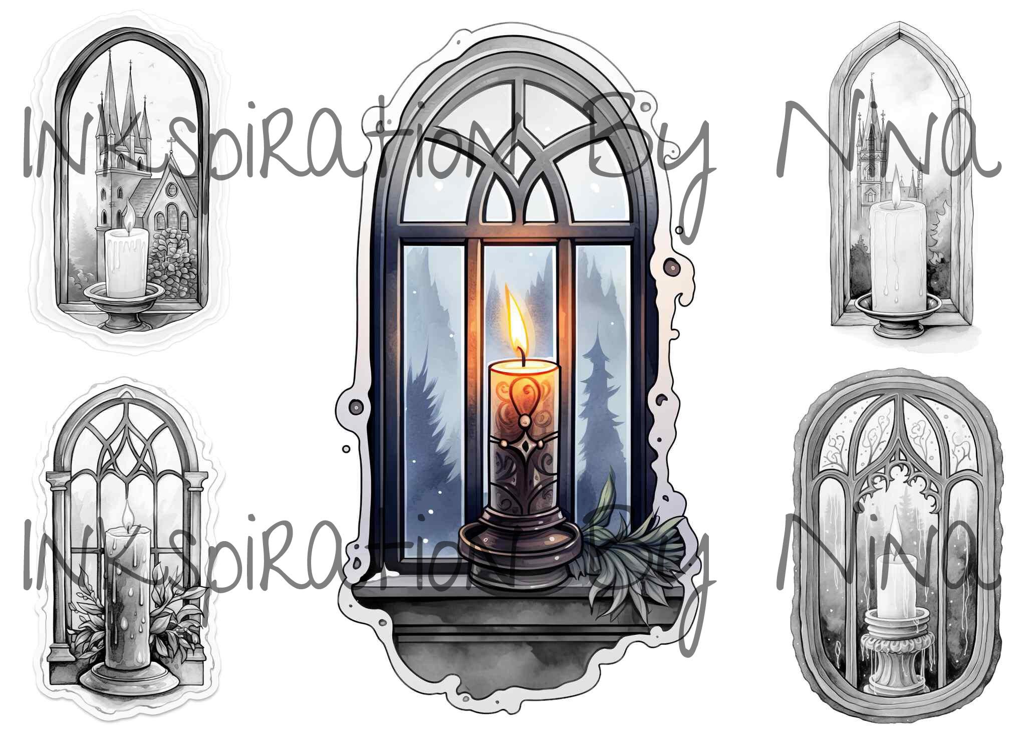 Gothic Candle Window Coloring Book, 20 Detail Greyscale Adult & Kids ...