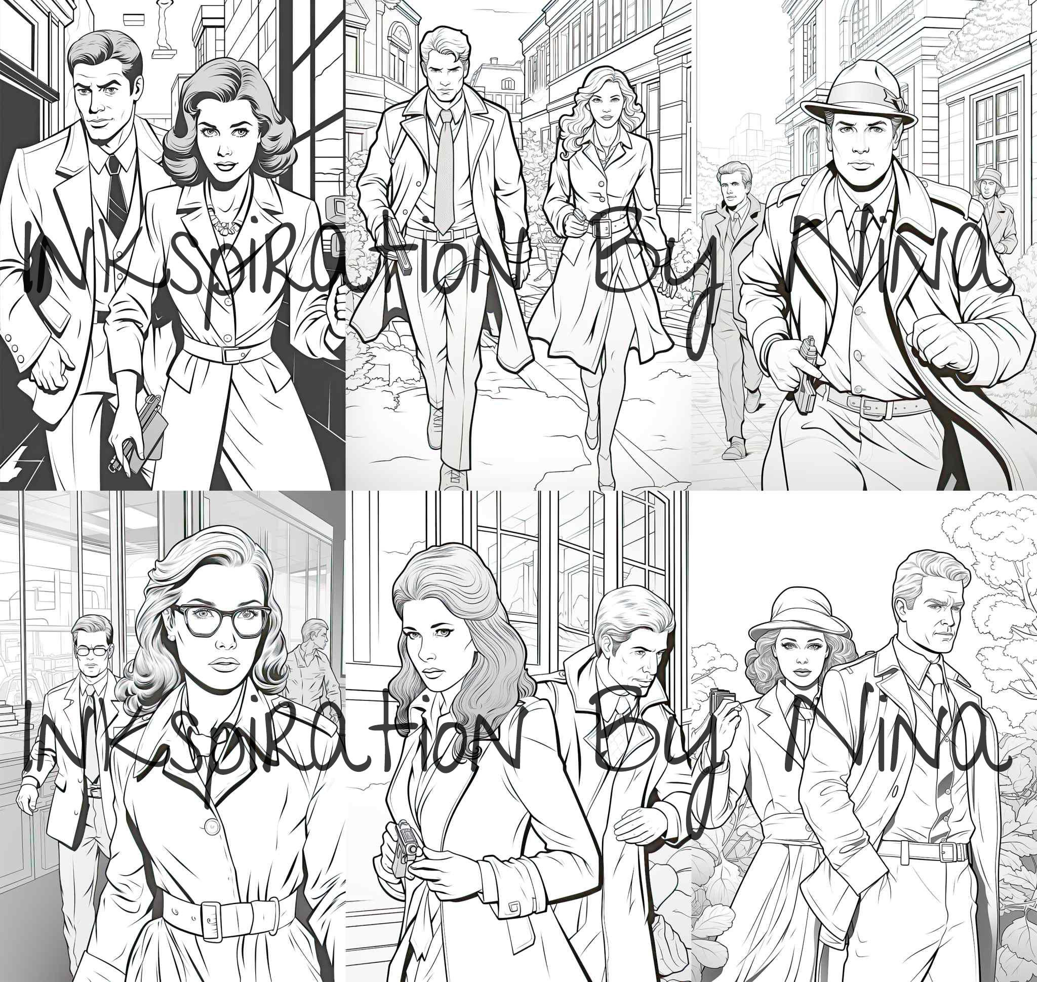 Covert Operation Spy Couple Coloring Book, 14 Detailed Greyscale Adult ...