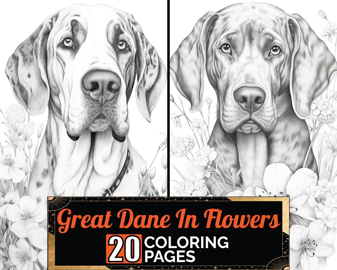Great Dane in Flowers Coloring Pages, 20 Premium Coloring Sheets, Adult ...