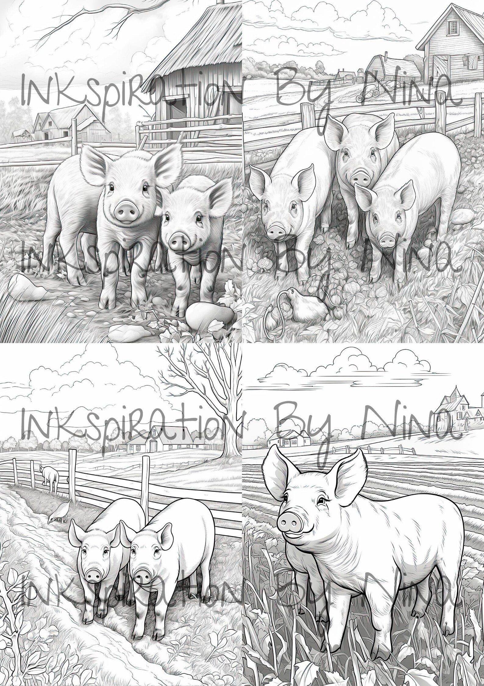 Farmland Pig Coloring Book, 21 Greyscale Adult & Kids Farm Animal ...