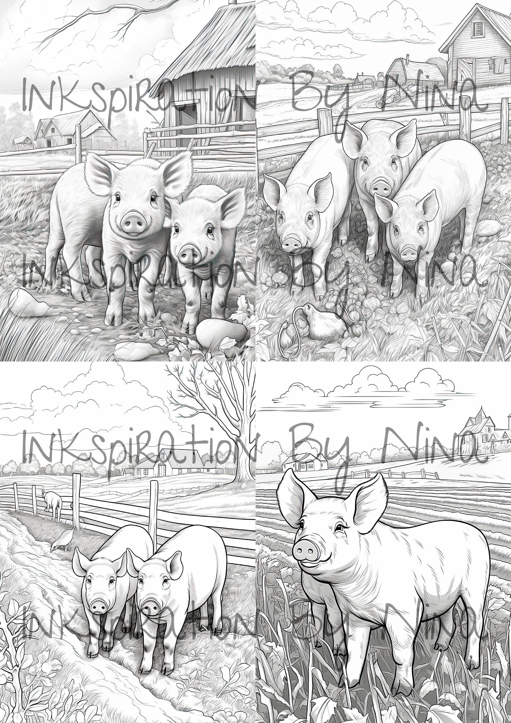 Farmland Pig Coloring Book, 21 Greyscale Adult & Kids Farm Animal ...