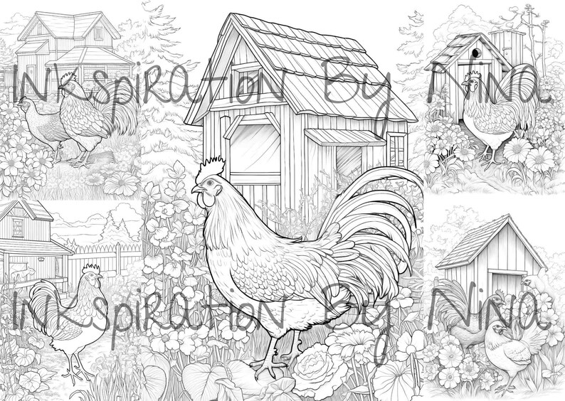 Wildflower Chicken Garden Coloring Book, 20 Detail Greyscale Adult ...