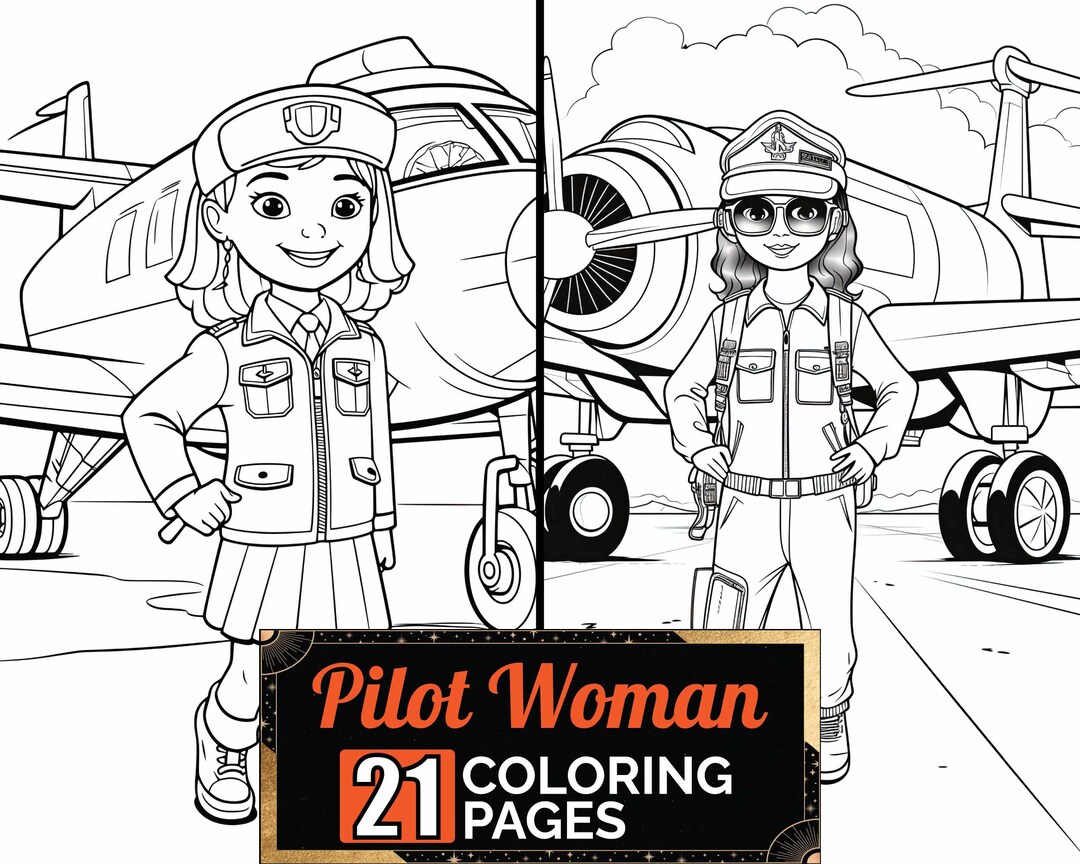 Cartoon Young Pilot Woman Coloring Book, 21 Greyscale Adult & Kids ...