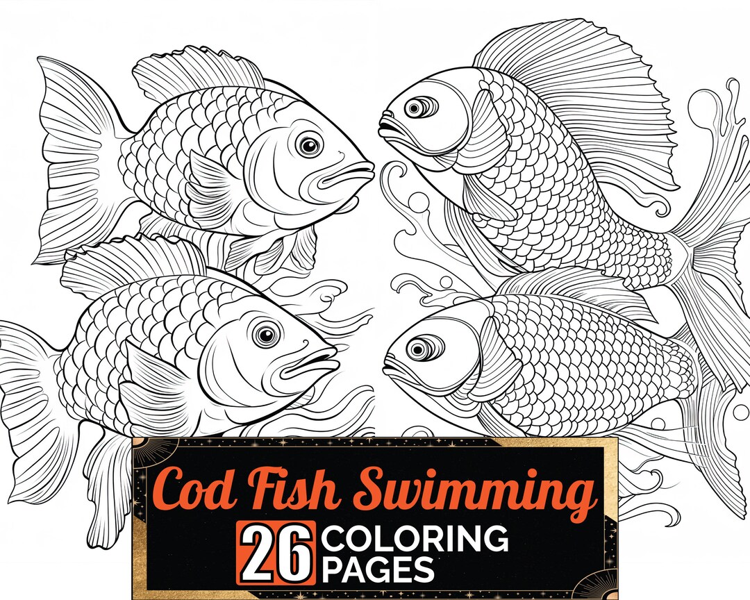 Cod Fish Swimming Coloring Book, 26 Detail Greyscale Adult & Kids ...