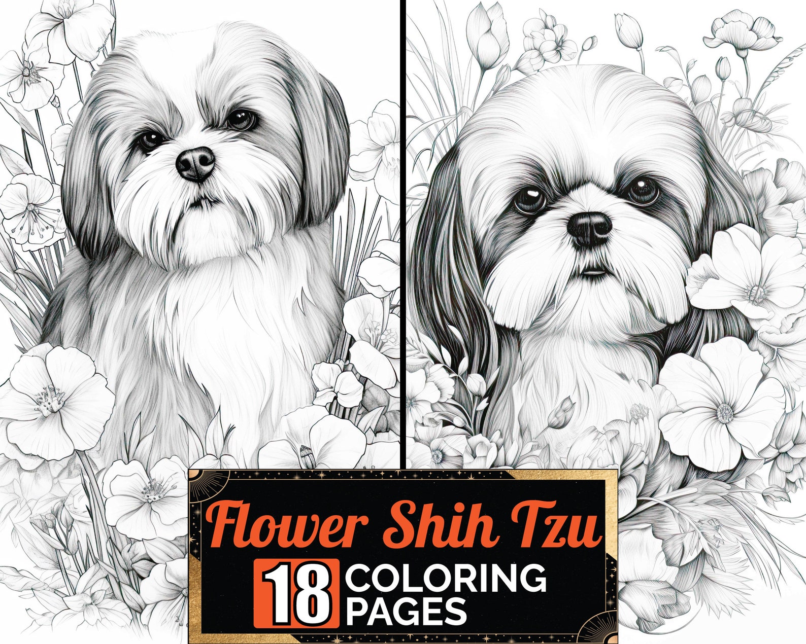 Shih Tzu in Flowers Coloring Pages, 18 Premium Coloring Sheets, Adult ...