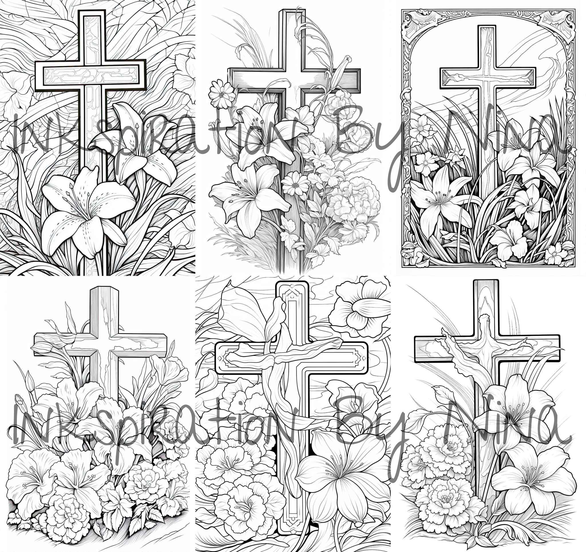 Flower Cross Coloring Book, 25 Detail Greyscale Adult & Kids Floral ...
