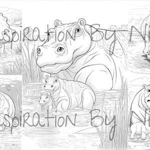 Hippopotamus Mother With Baby Coloring Book, 20 Premium Hippo Family ...