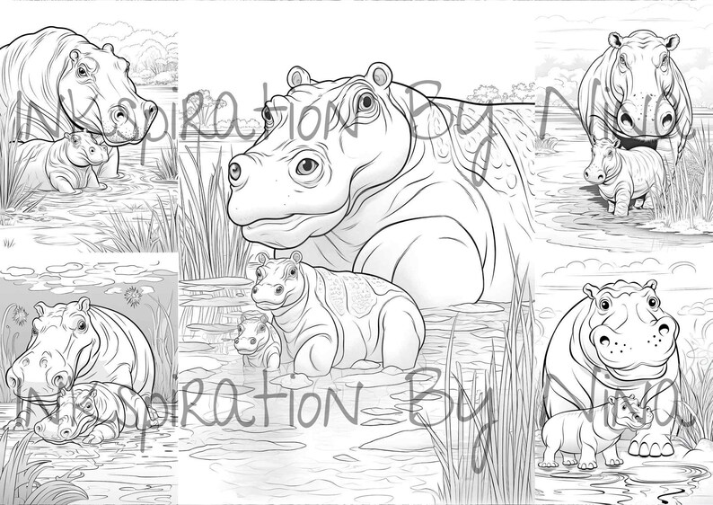 Hippopotamus Mother With Baby Coloring Book, 20 Premium Hippo Family ...