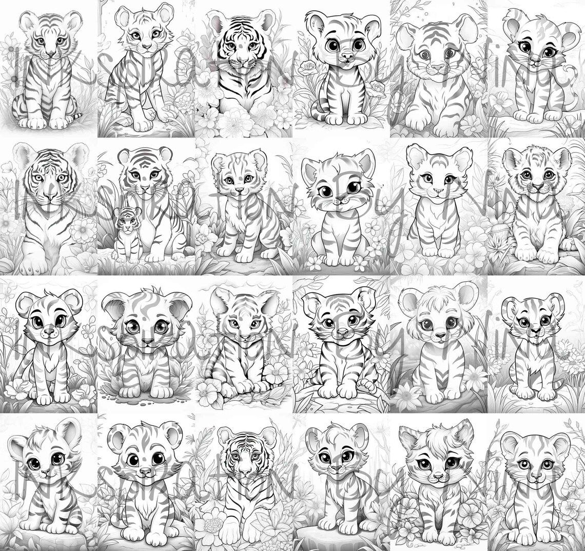 Cute Friendly Tiger Coloring Book, 24 Detail Greyscale Adult & Kids ...