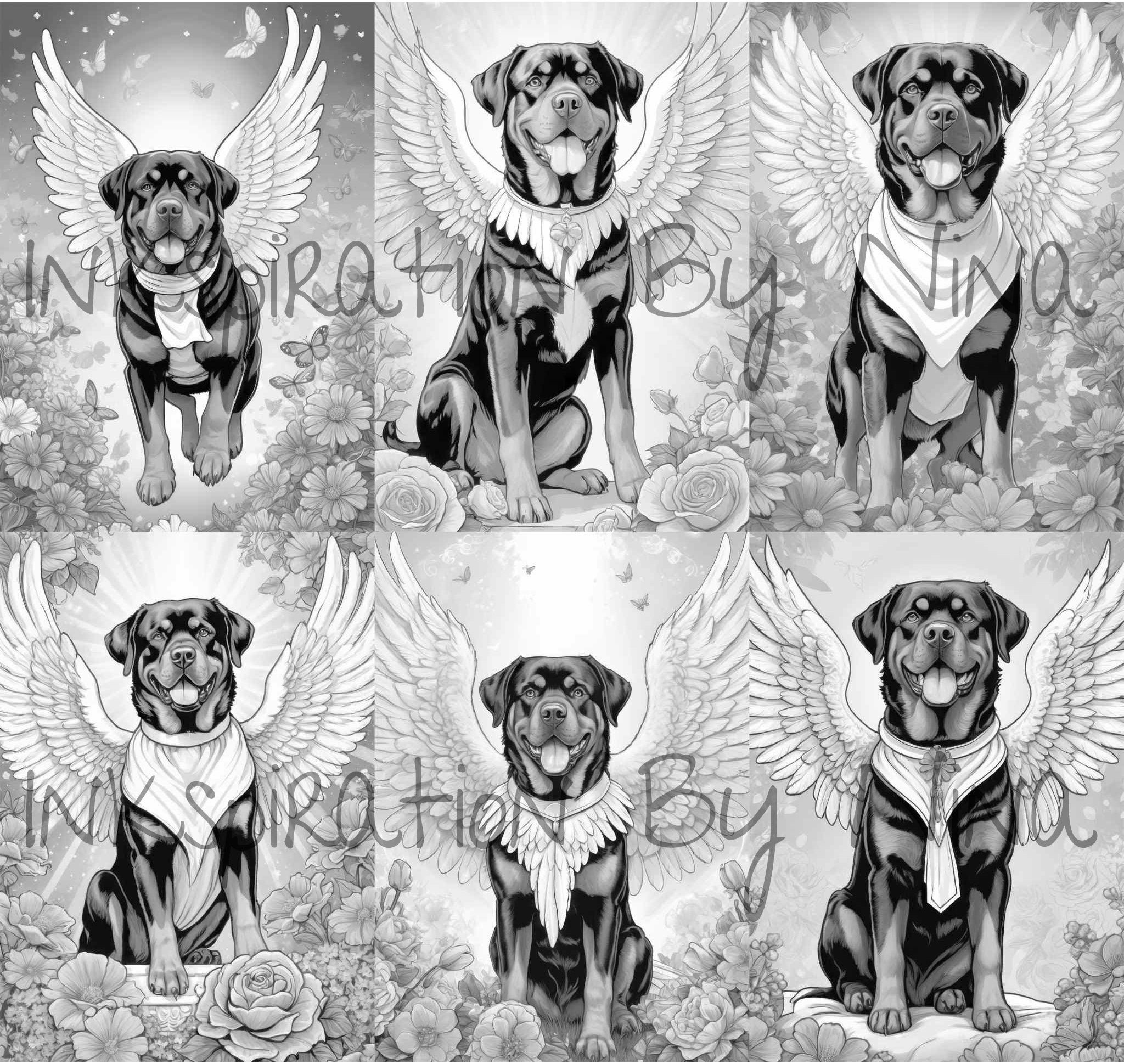 Rottweiler Angel Coloring Book, 30 Detail Greyscale Adult & Kids Good ...