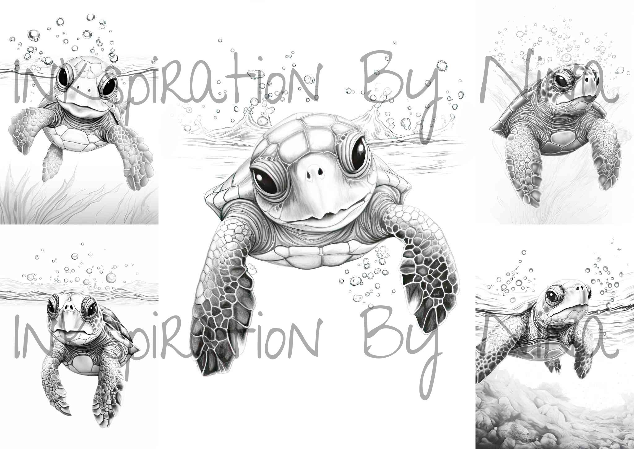 Cute Baby Sea Turtle Coloring Book, 21 Detail Greyscale Adult & Kids ...