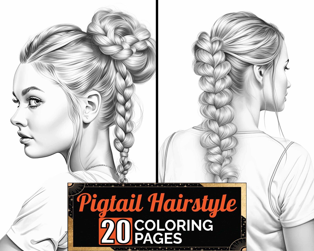 Pigtail Braids Hairstyle Woman Coloring Book, 20 Greyscale Adult & Kid ...