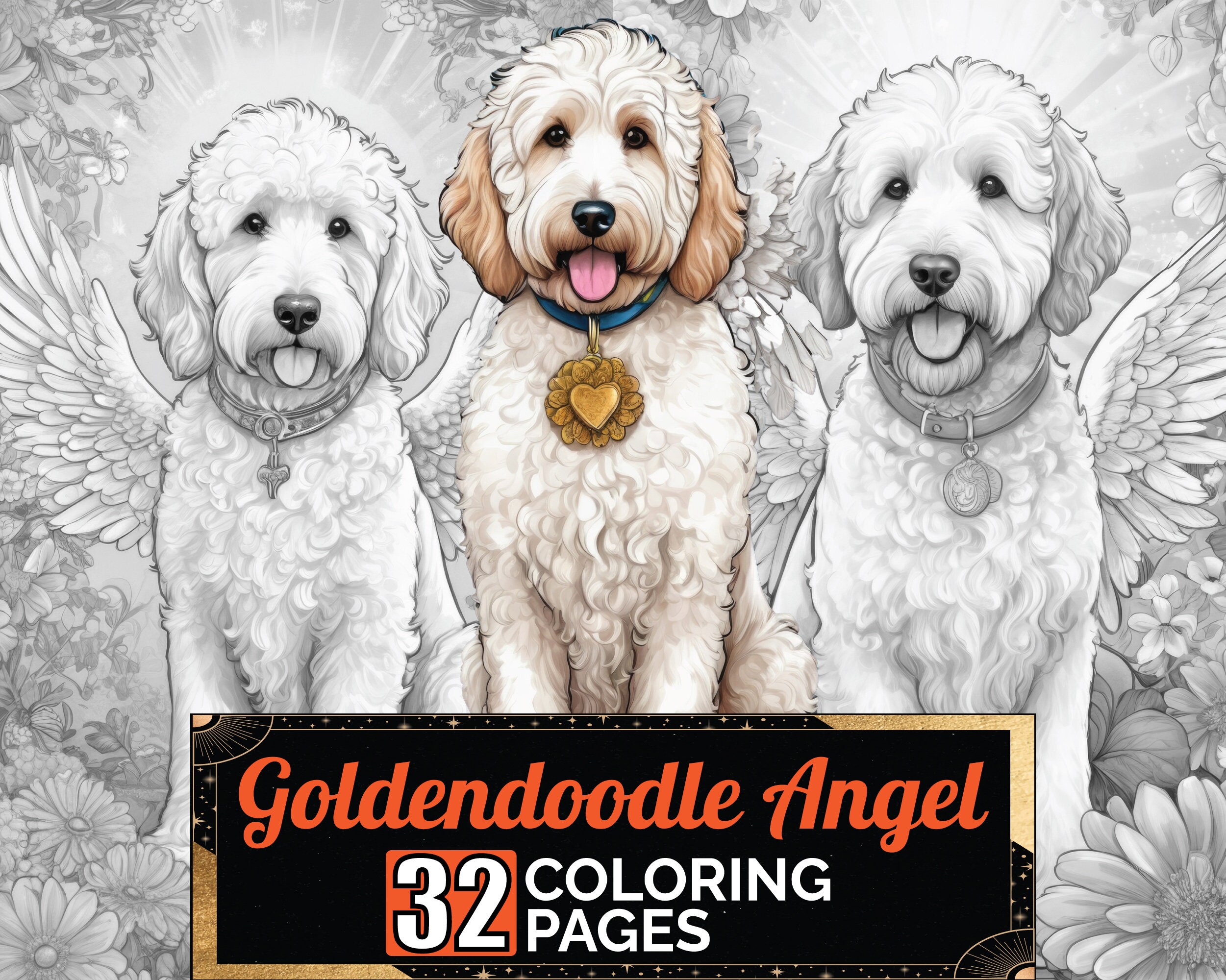 Goldendoodle Dressed as Angel Coloring Book, 32 Detail Greyscale Adult ...