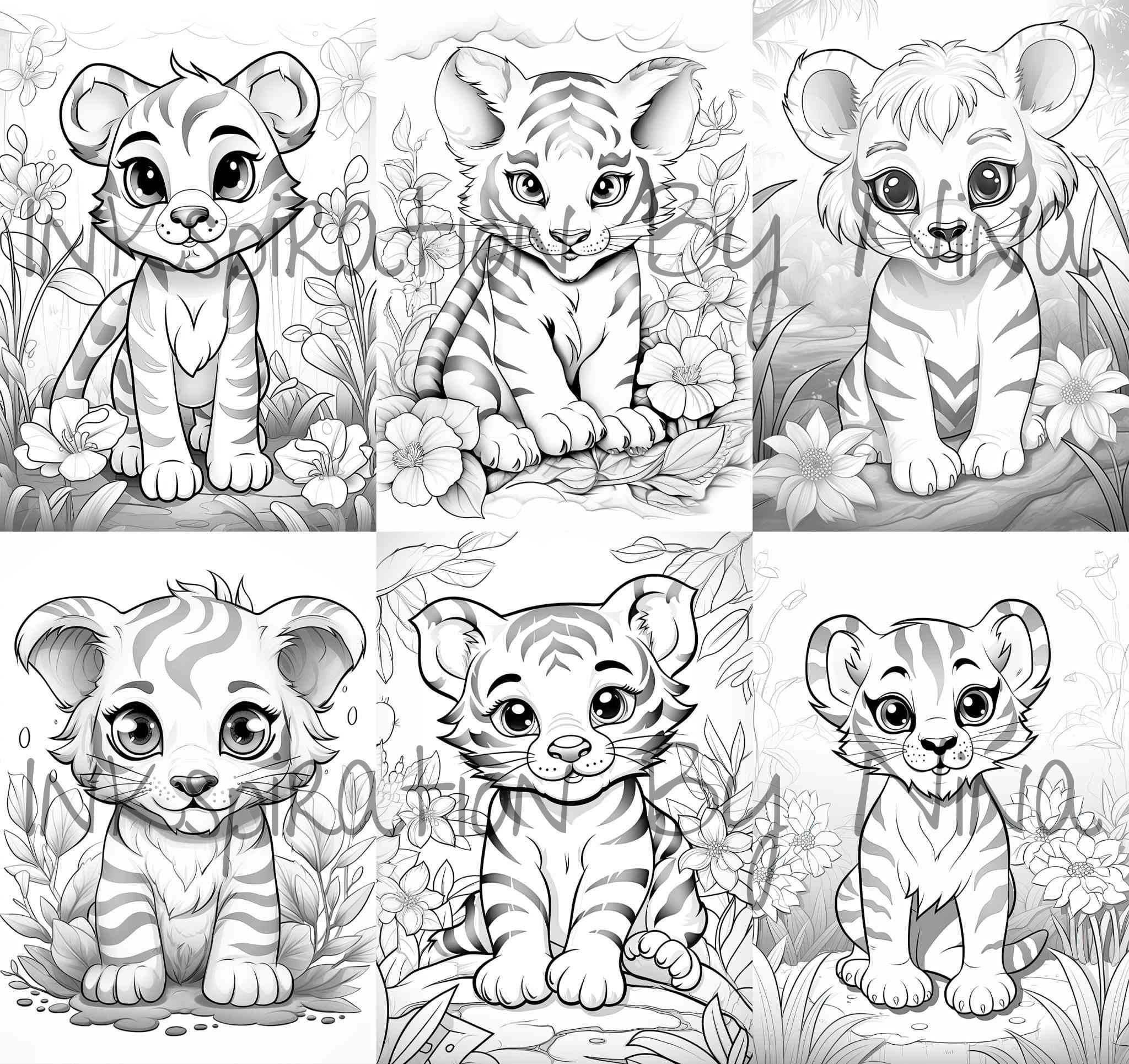 Cute Friendly Tiger Coloring Book, 24 Detail Greyscale Adult & Kids ...