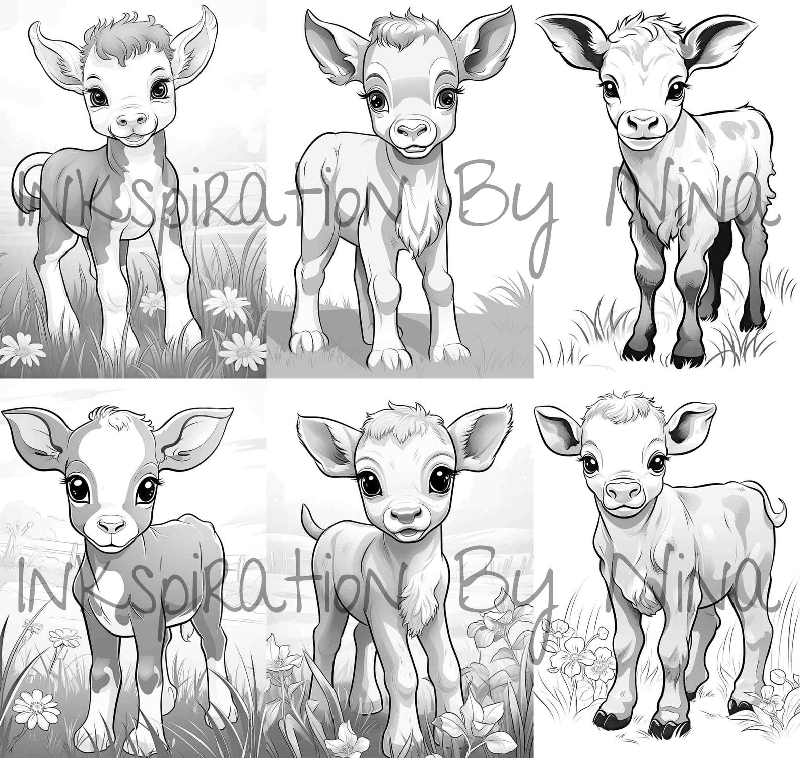 Cute Baby Calf Coloring Book, 30 Detail Greyscale Adult & Kids Cow ...