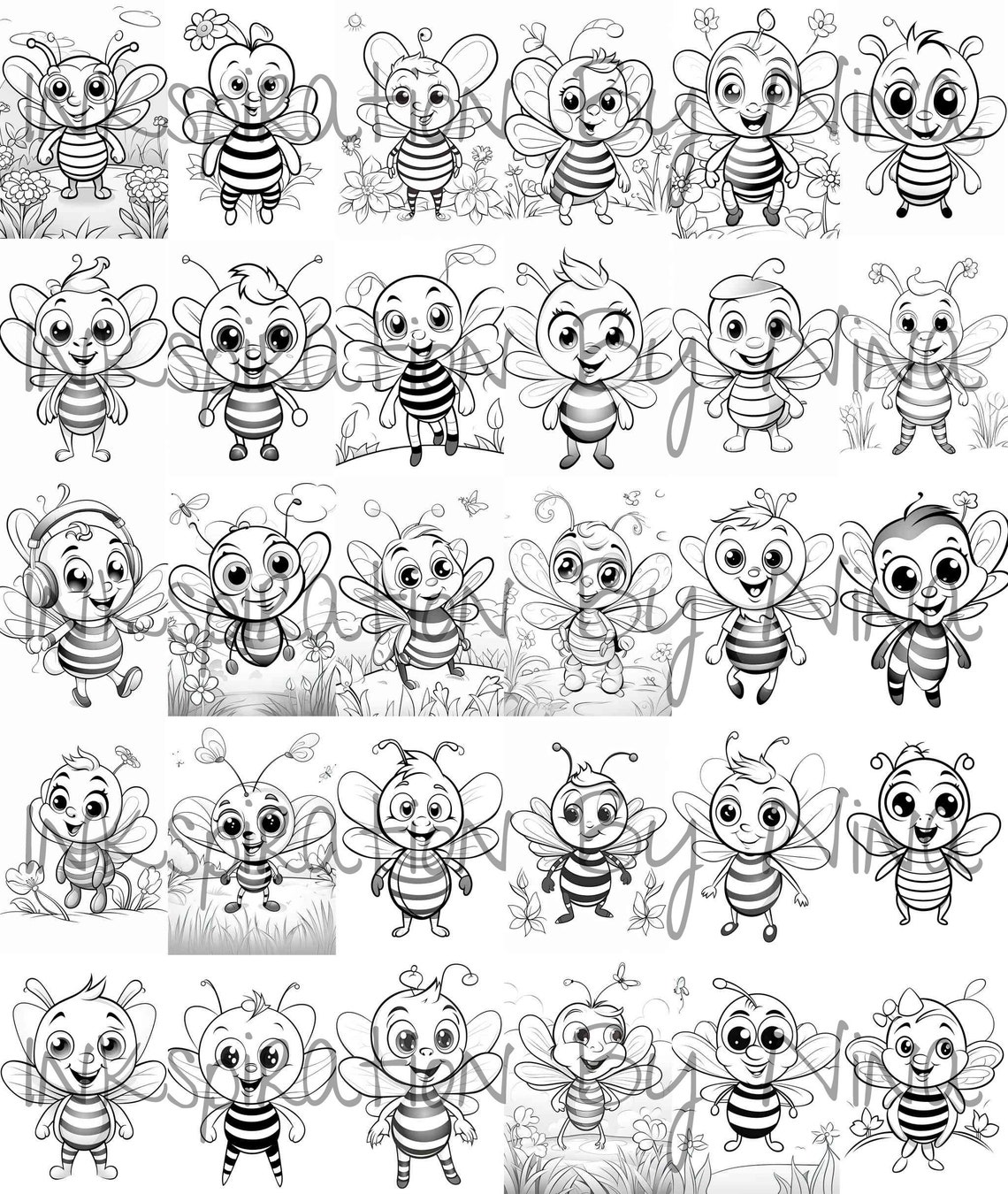 Cute Little Honey Bee Coloring Book, 30 Detail Greyscale Adult & Kids ...