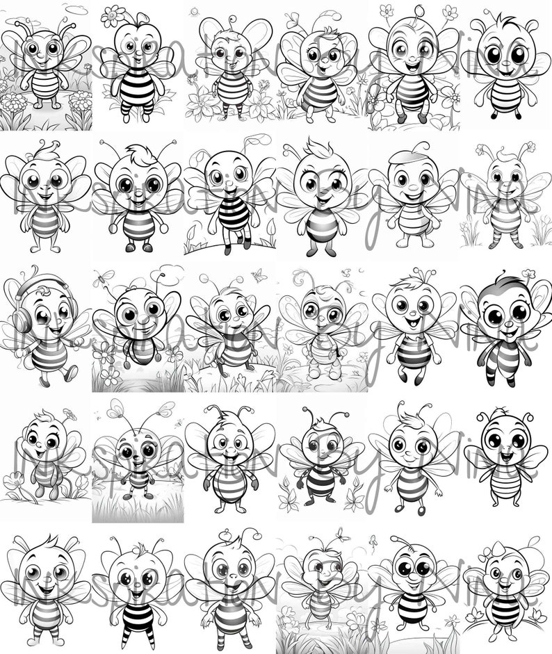 Cute Little Honey Bee Coloring Book, 30 Detail Greyscale Adult & Kids ...