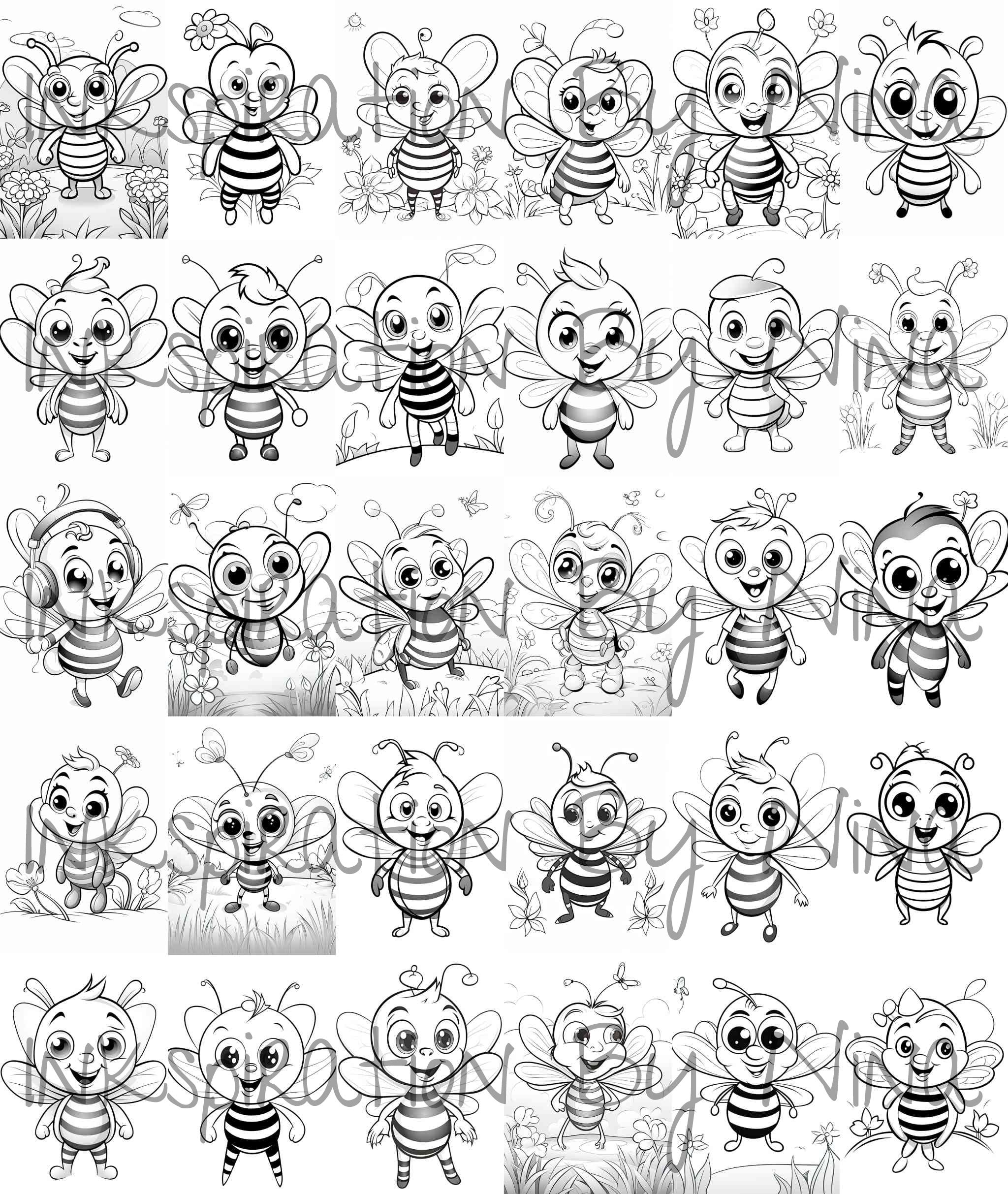 Cute Little Honey Bee Coloring Book, 30 Detail Greyscale Adult & Kids ...