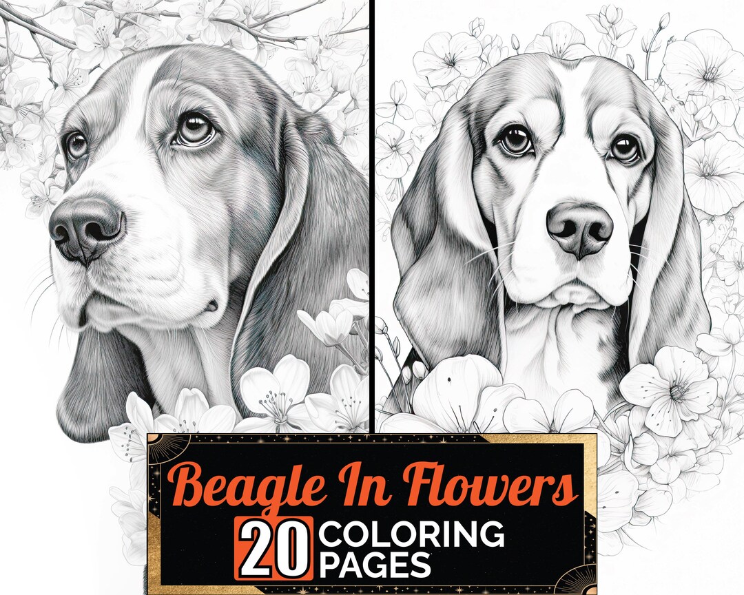 Beagle in Flowers Coloring Book, 20 Detail Greyscale Adult & Kids ...