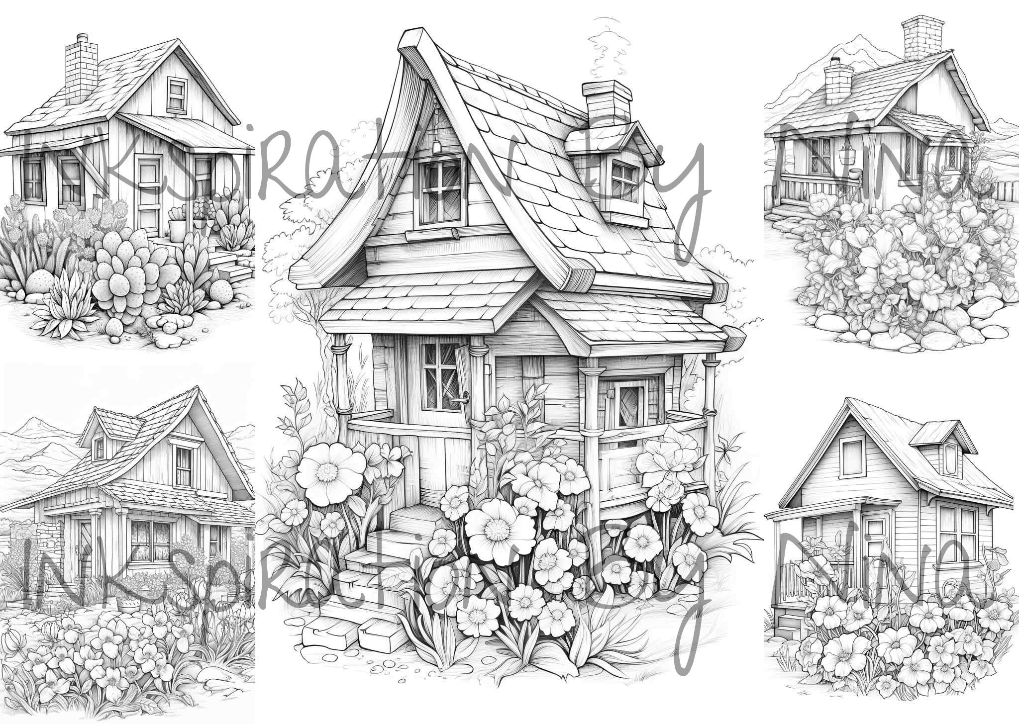Small Chilean Flower House Coloring Book, 15 Detail Greyscale Adult ...