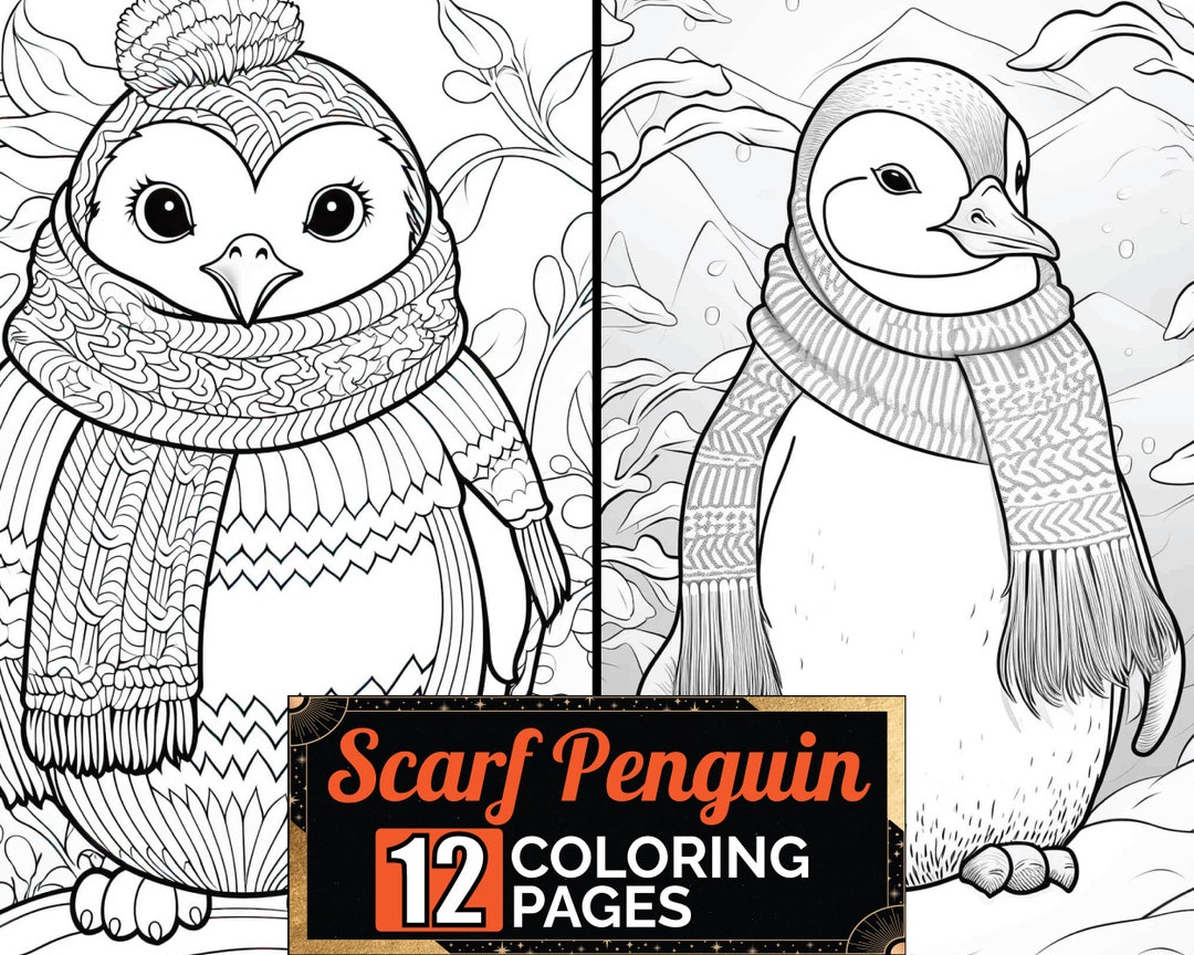 Cozy Scarf and Beanie Penguin Coloring Book, 12 Detail Greyscale Adult ...