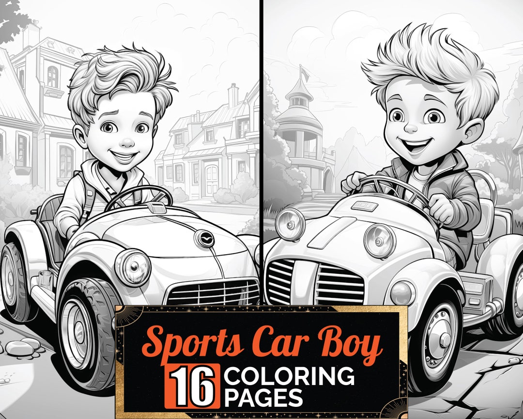 Cute Boy in Sports Car Coloring Book, 16 Detail Greyscale Adult & Kids ...