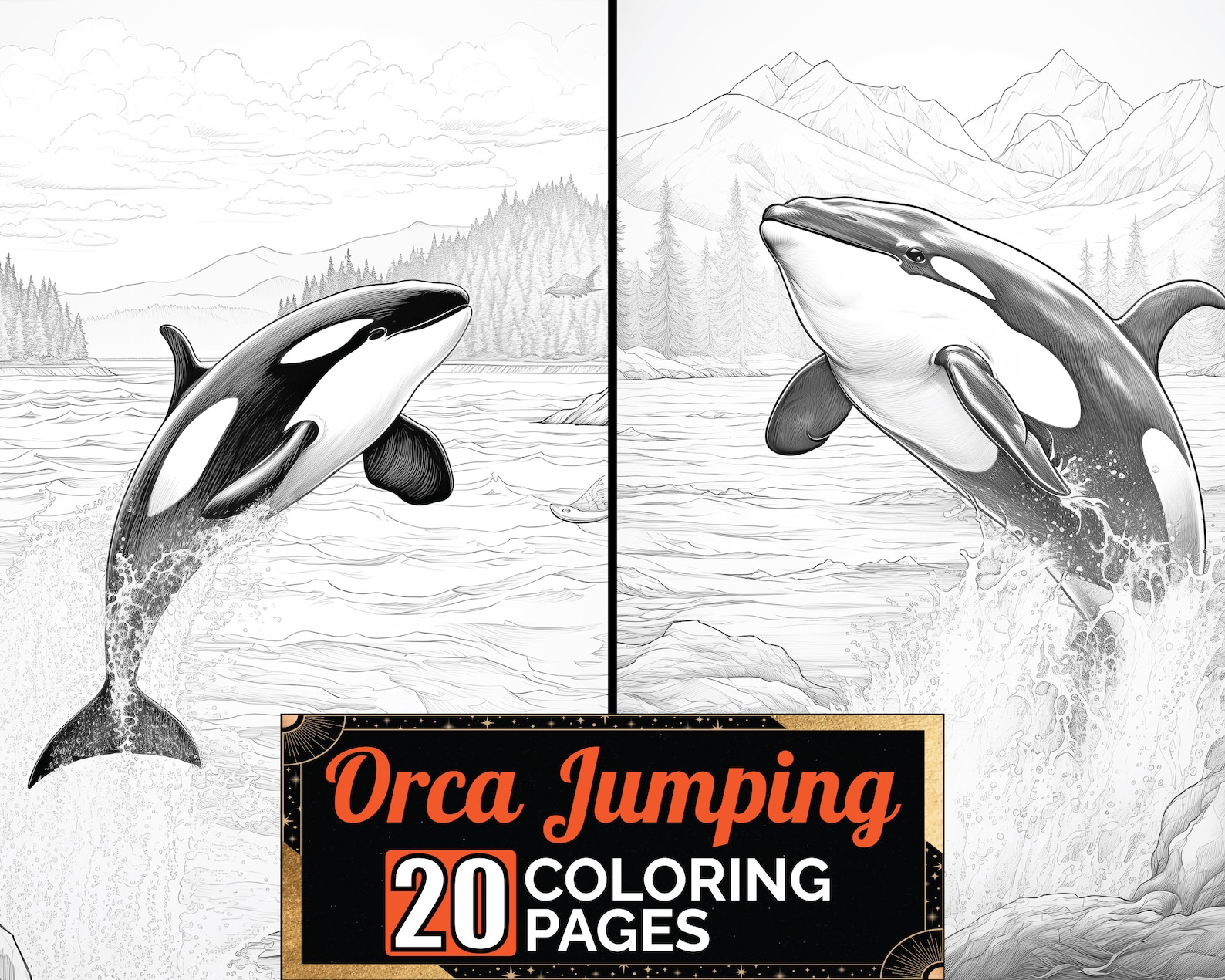 Orca Jumping Out of Water Coloring Book, 20 Detail Greyscale Adult ...
