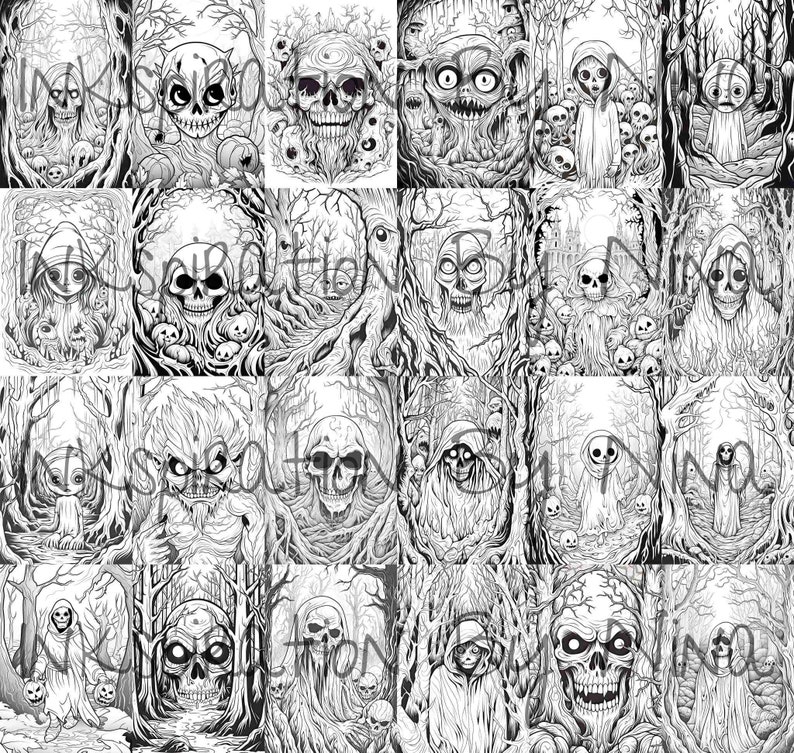 Scary Undead Haunted Forest Coloring Book, 24 Greyscale Adult & Kids ...