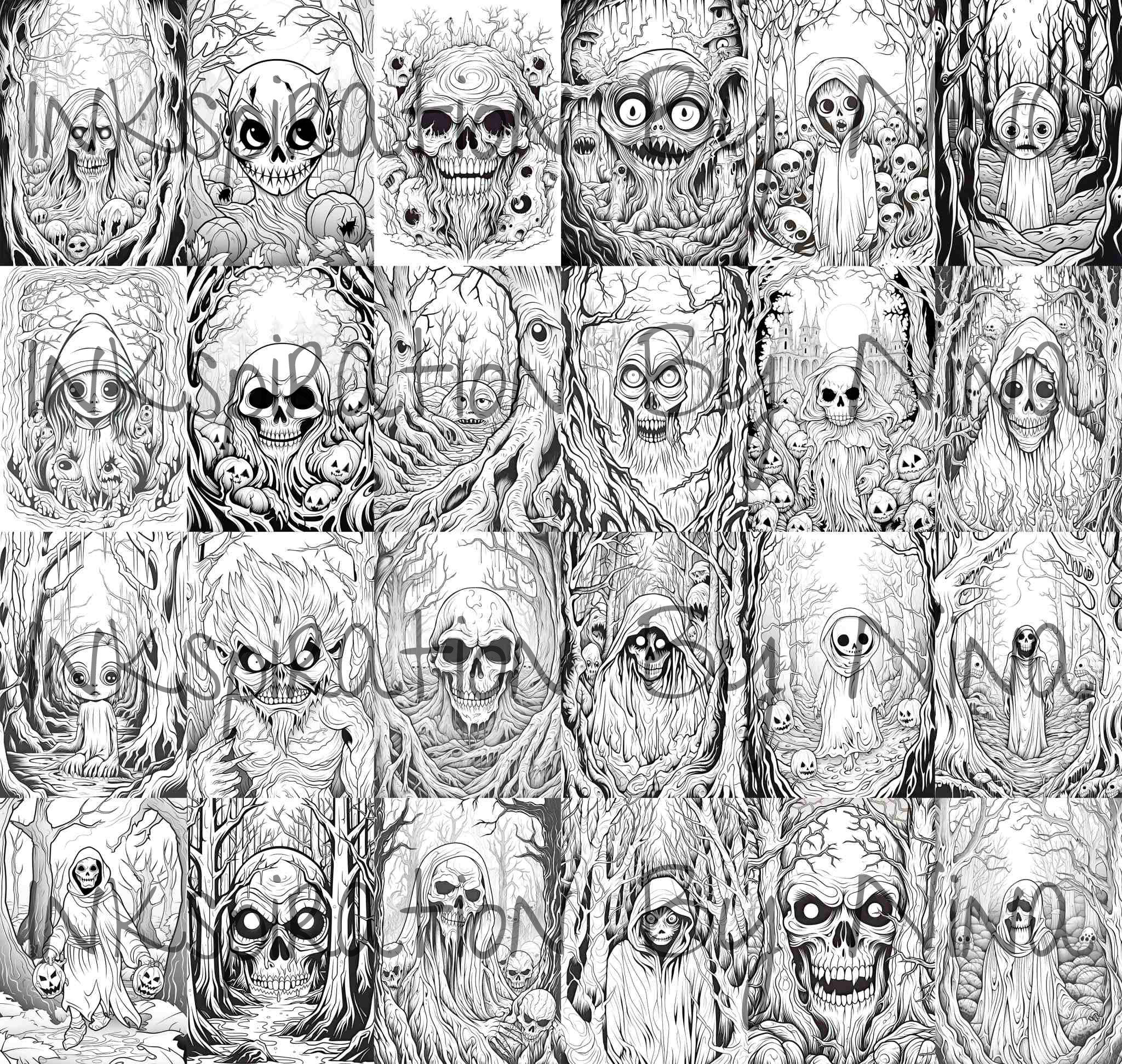Scary Undead Haunted Forest Coloring Book, 24 Greyscale Adult & Kids ...