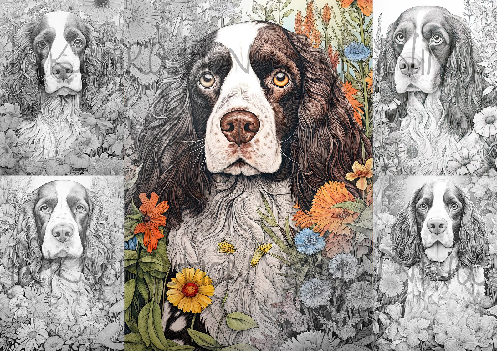 English Springer Spaniel Coloring Pages, 20 Premium Dog in Flowers ...
