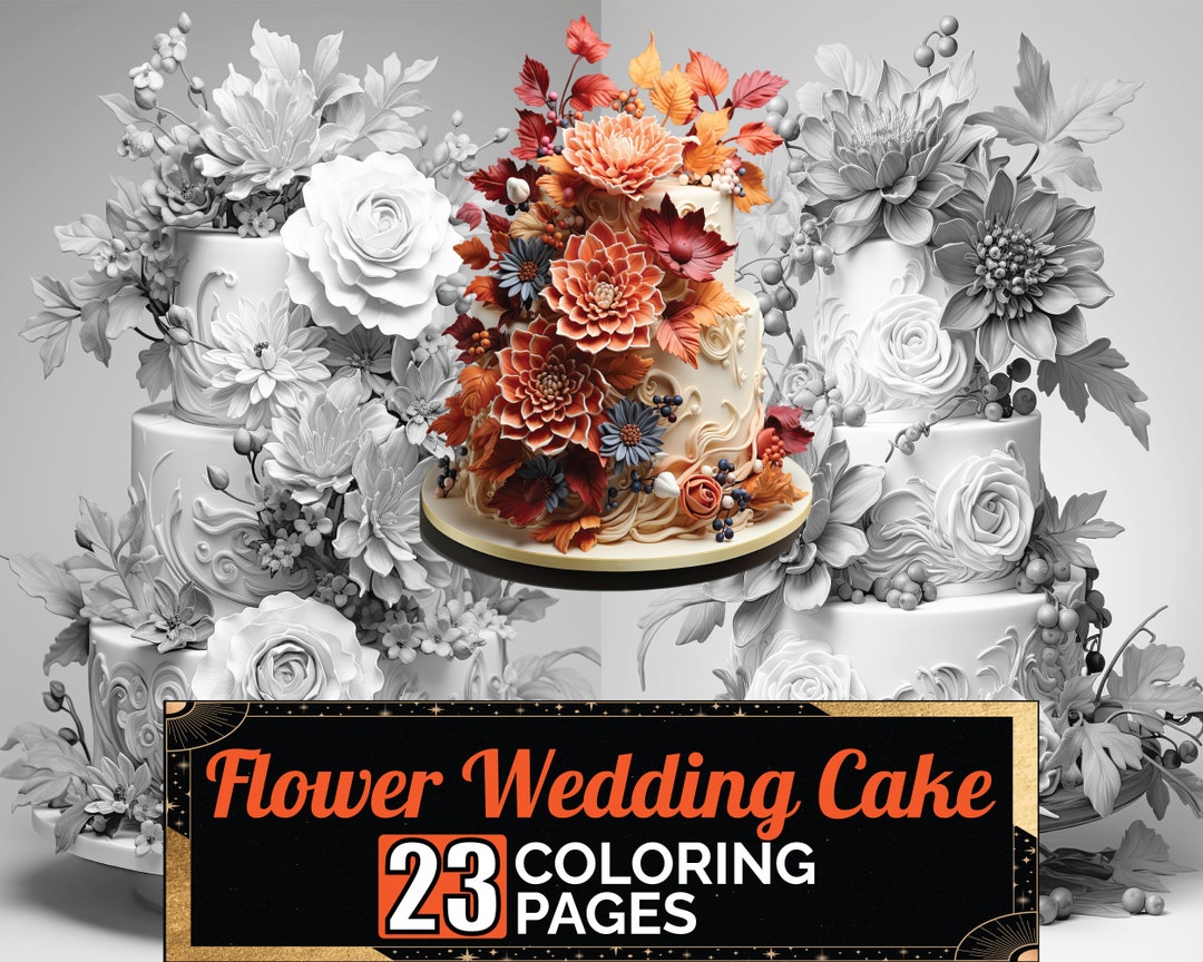 Flower Wedding Cake Design Coloring Book, 23 Detail Greyscale Adult ...