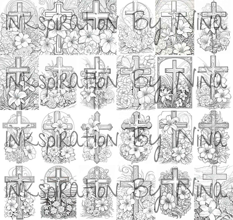 Flower Cross Coloring Book, 25 Detail Greyscale Adult & Kids Floral ...