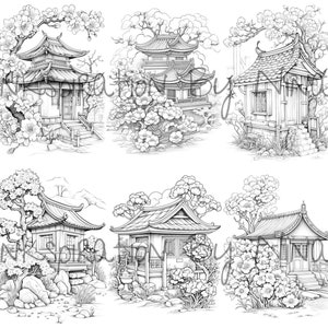 Small Chinese Garden House Coloring Book, 18 Detail Greyscale Adult ...