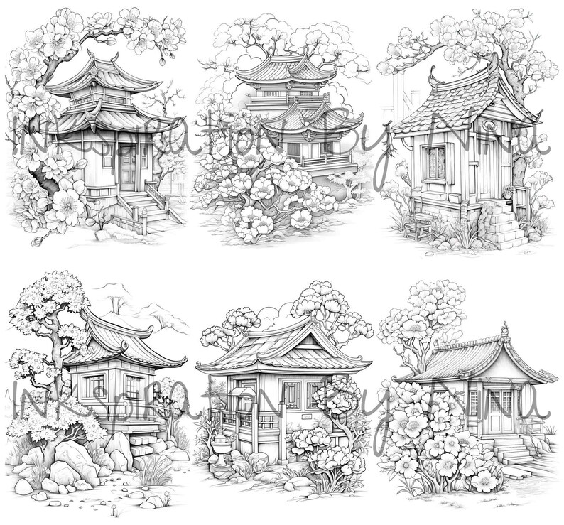 Small Chinese Garden House Coloring Book, 18 Detail Greyscale Adult ...