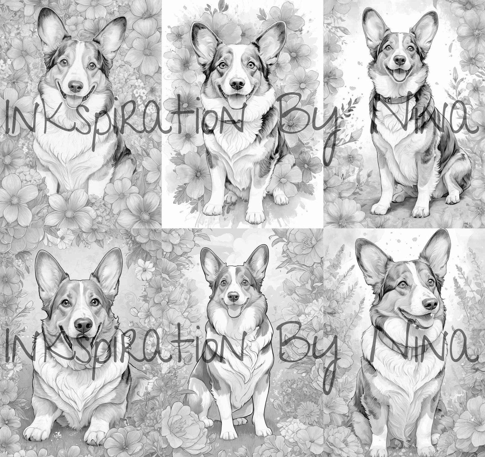 Cardigan Welsh Corgi in Flowers Coloring Book, 54 Detail Greyscale ...