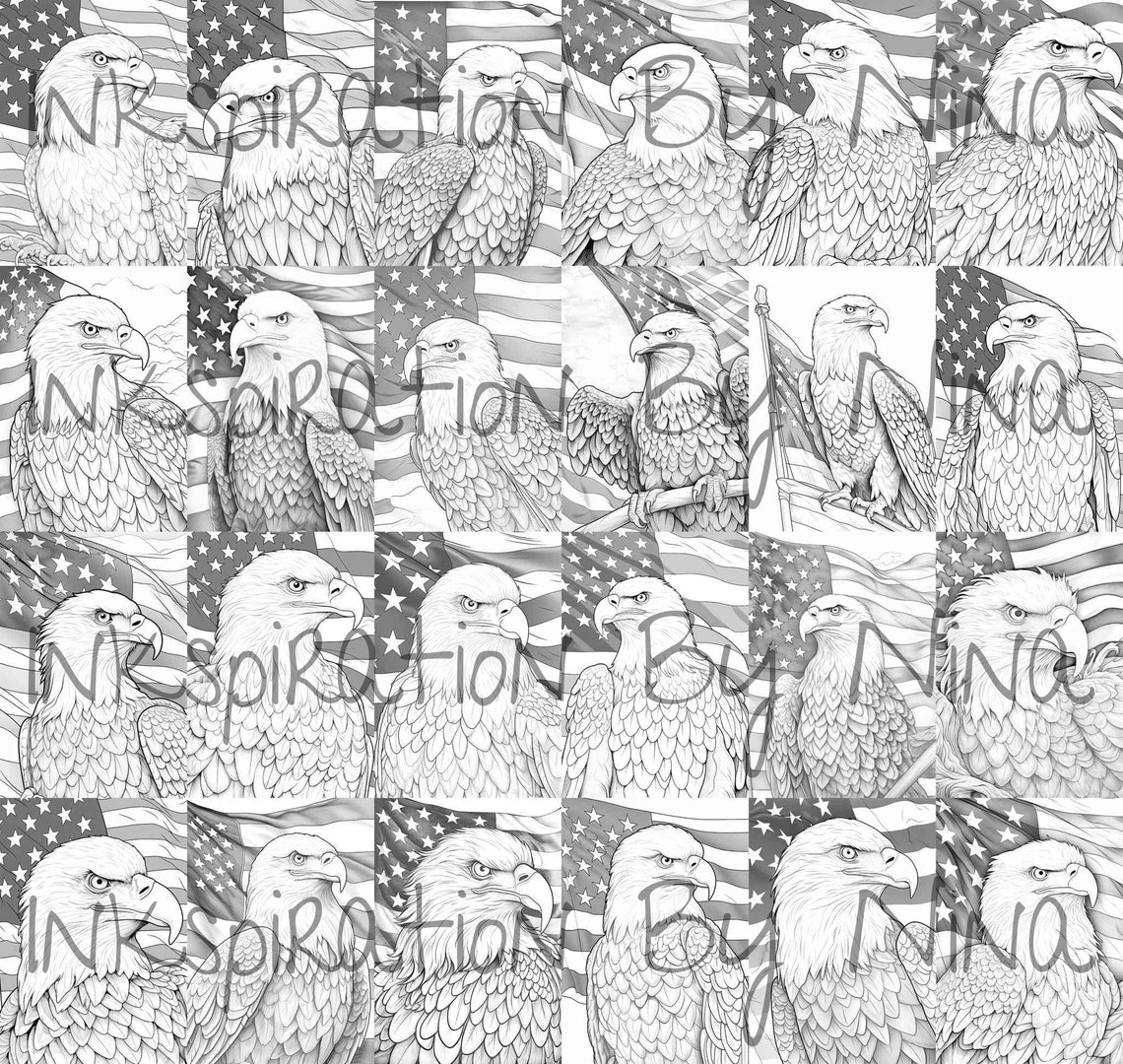 Bald American Eagle Flag Coloring Book, 24 Detail Greyscale Adult Kids ...