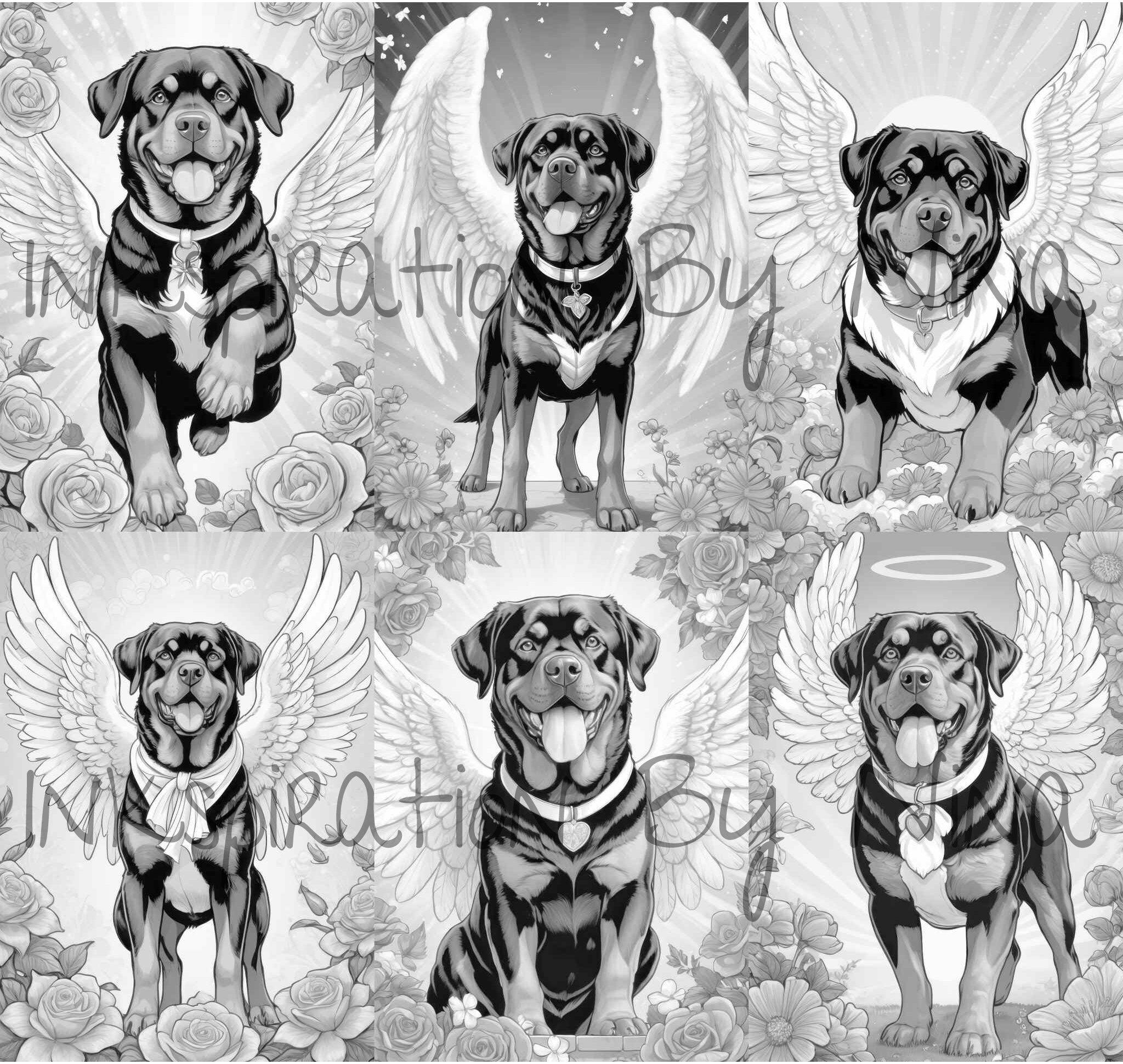 Rottweiler Angel Coloring Book, 30 Detail Greyscale Adult & Kids Good ...