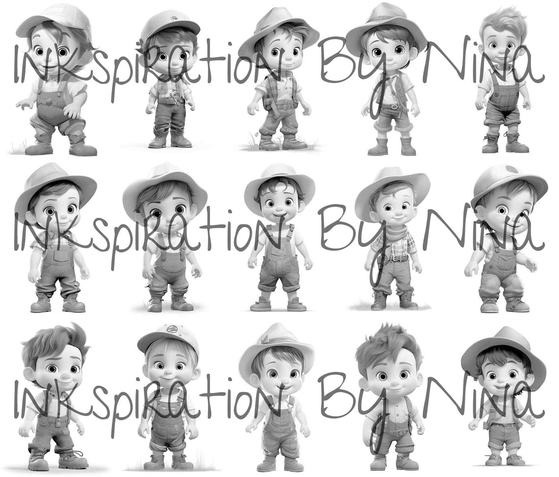 Cute Farmer Countryside Boy Coloring Book, 16 Detail Greyscale Adult ...