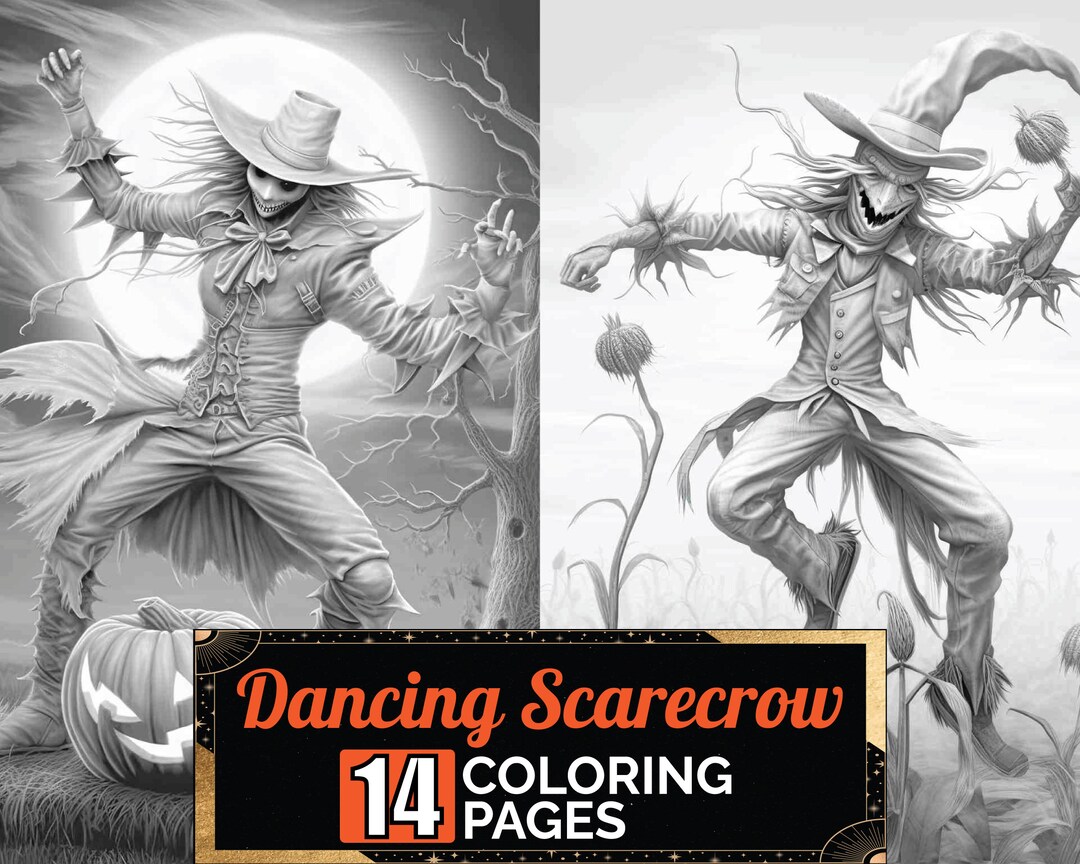 Scary Pumpkin Dancing Scarecrow Coloring Book, 14 Greyscale Adult ...