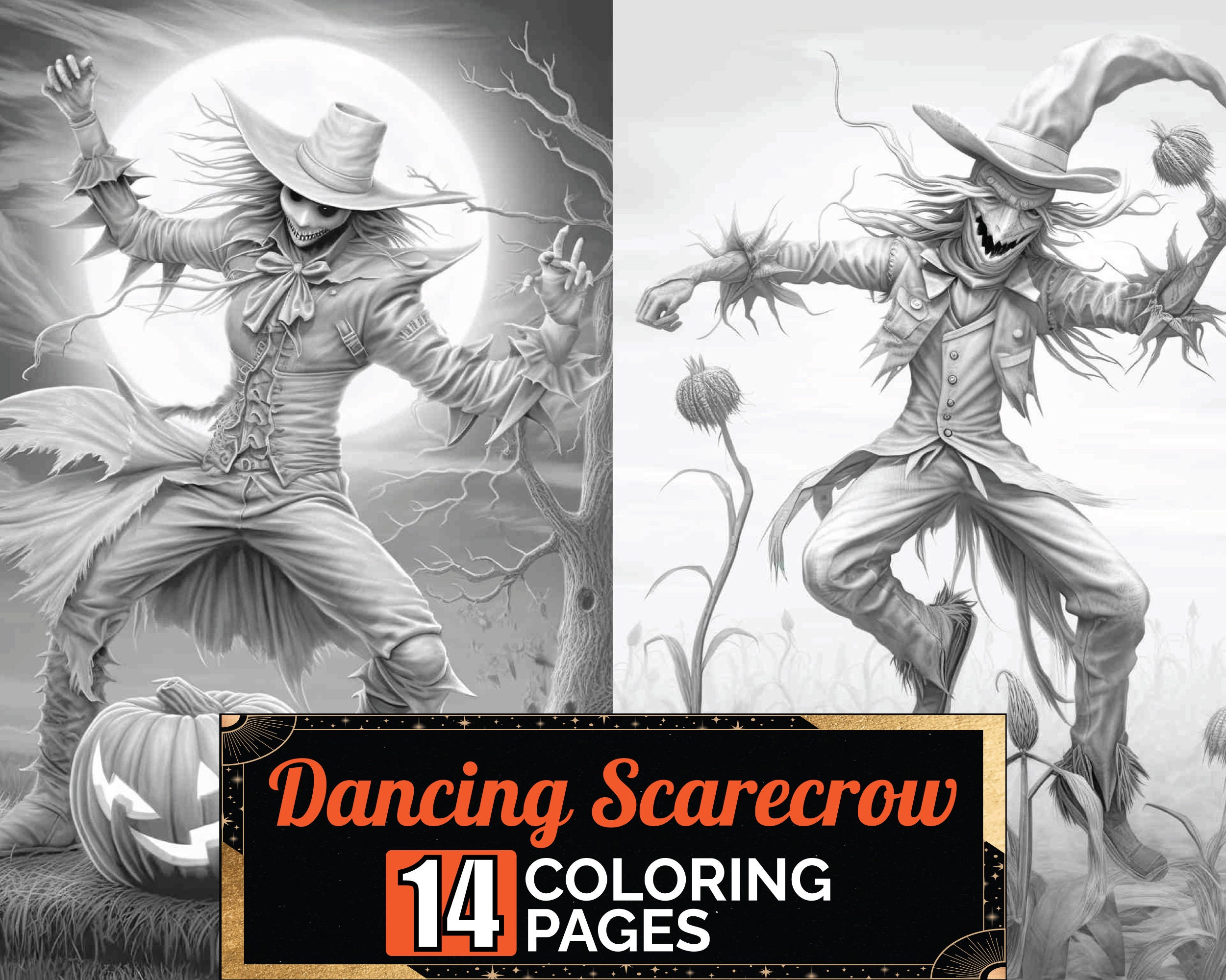 Scary Pumpkin Dancing Scarecrow Coloring Book, 14 Greyscale Adult ...