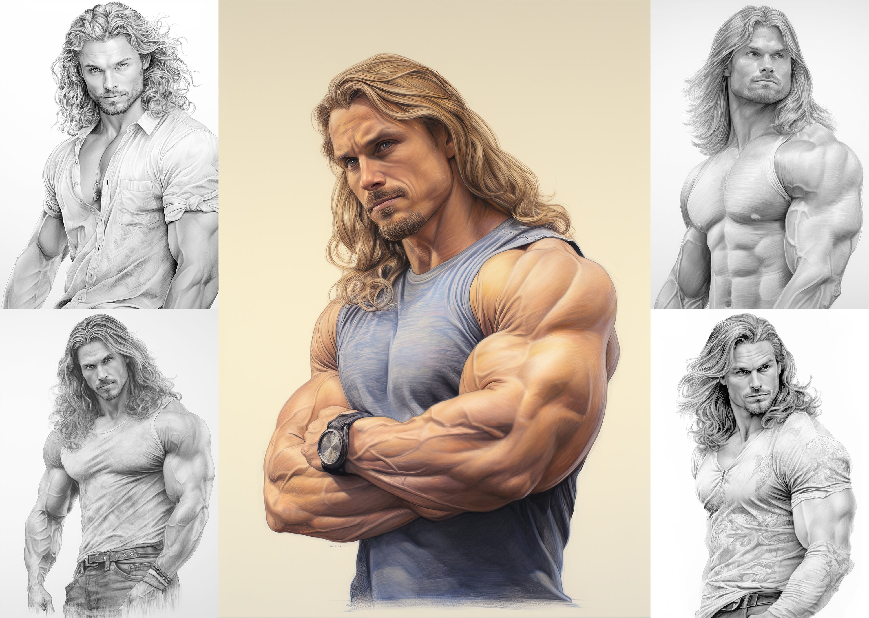 Muscular Long Haired Man Coloring Pages, 20 Premium Coloring Sheets ...