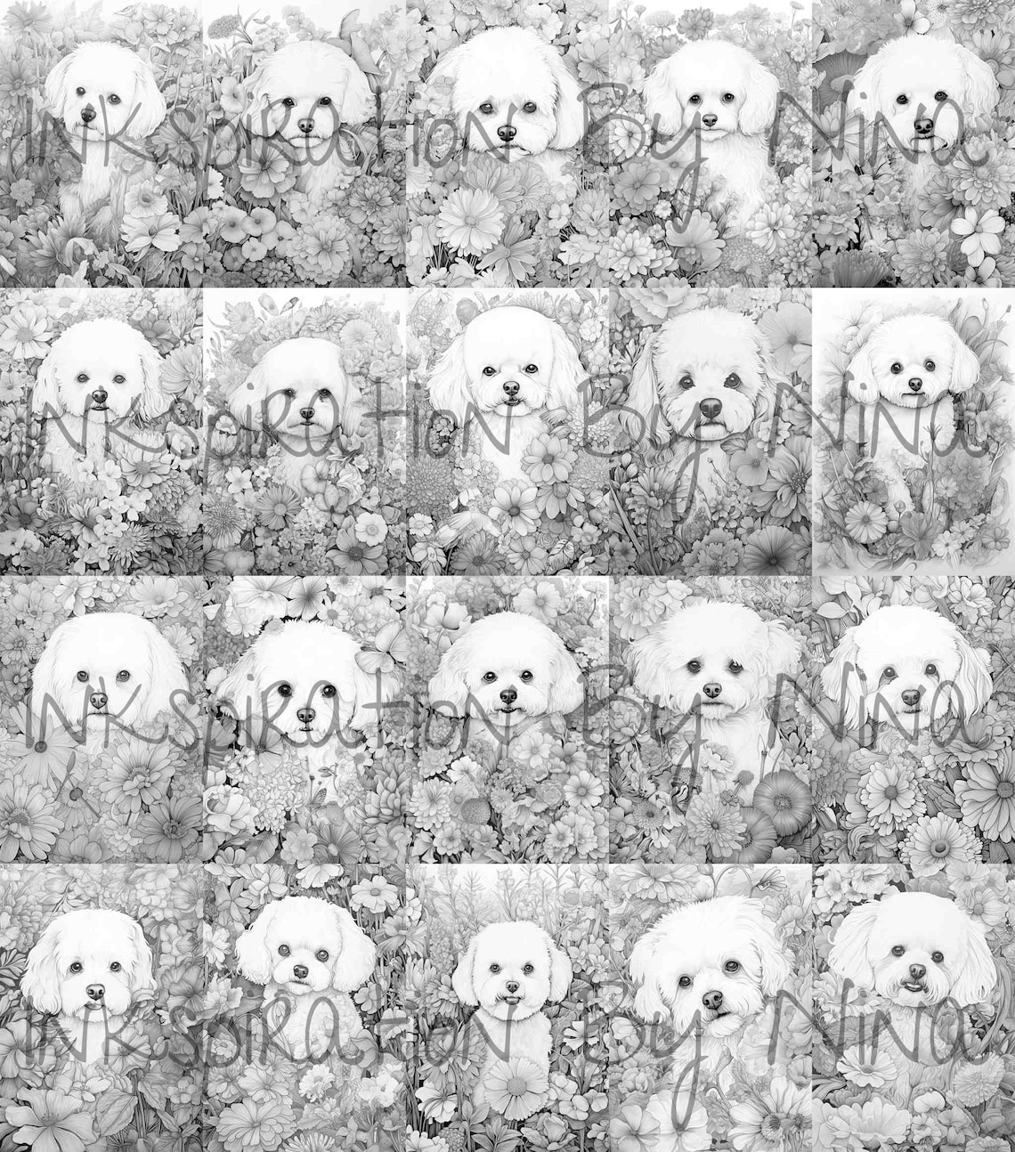 Bichon Frise in Flowers Coloring Book, 20 Detail Greyscale Adult & Kids ...