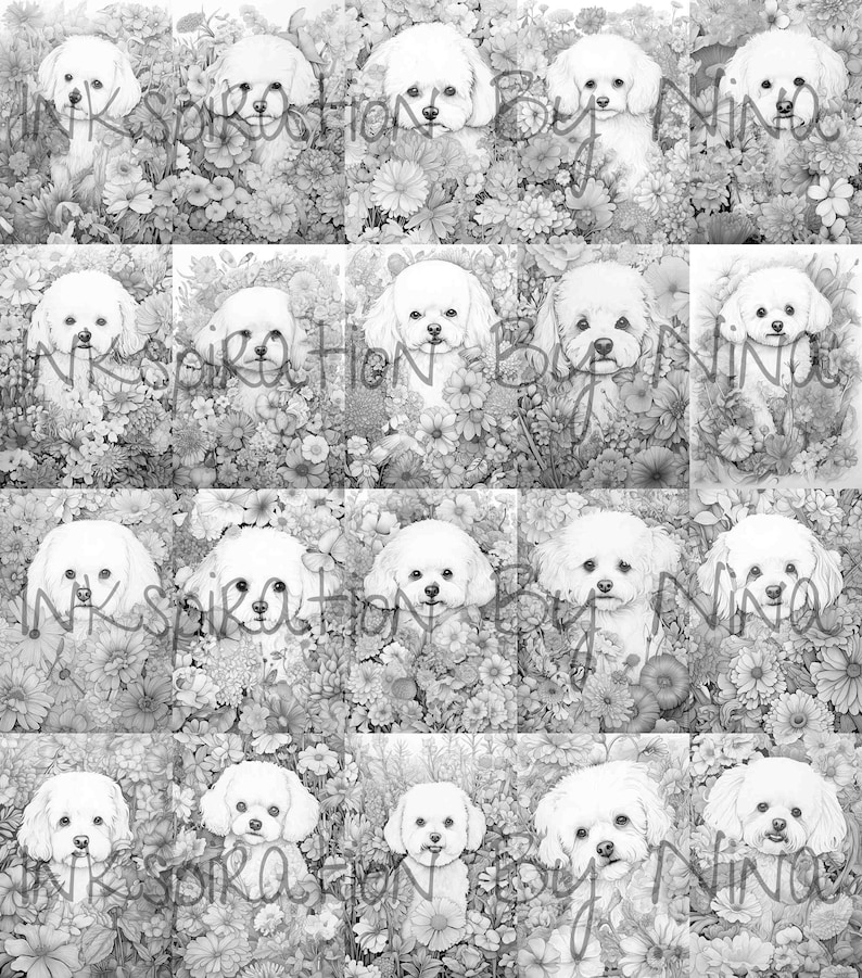 Bichon Frise in Flowers Coloring Book, 20 Detail Greyscale Adult & Kids ...