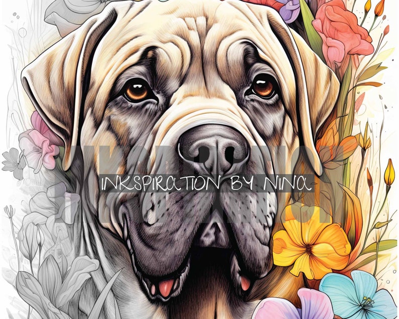Mastiff Dog in Flowers Coloring Pages, 20 Premium Coloring Sheets ...