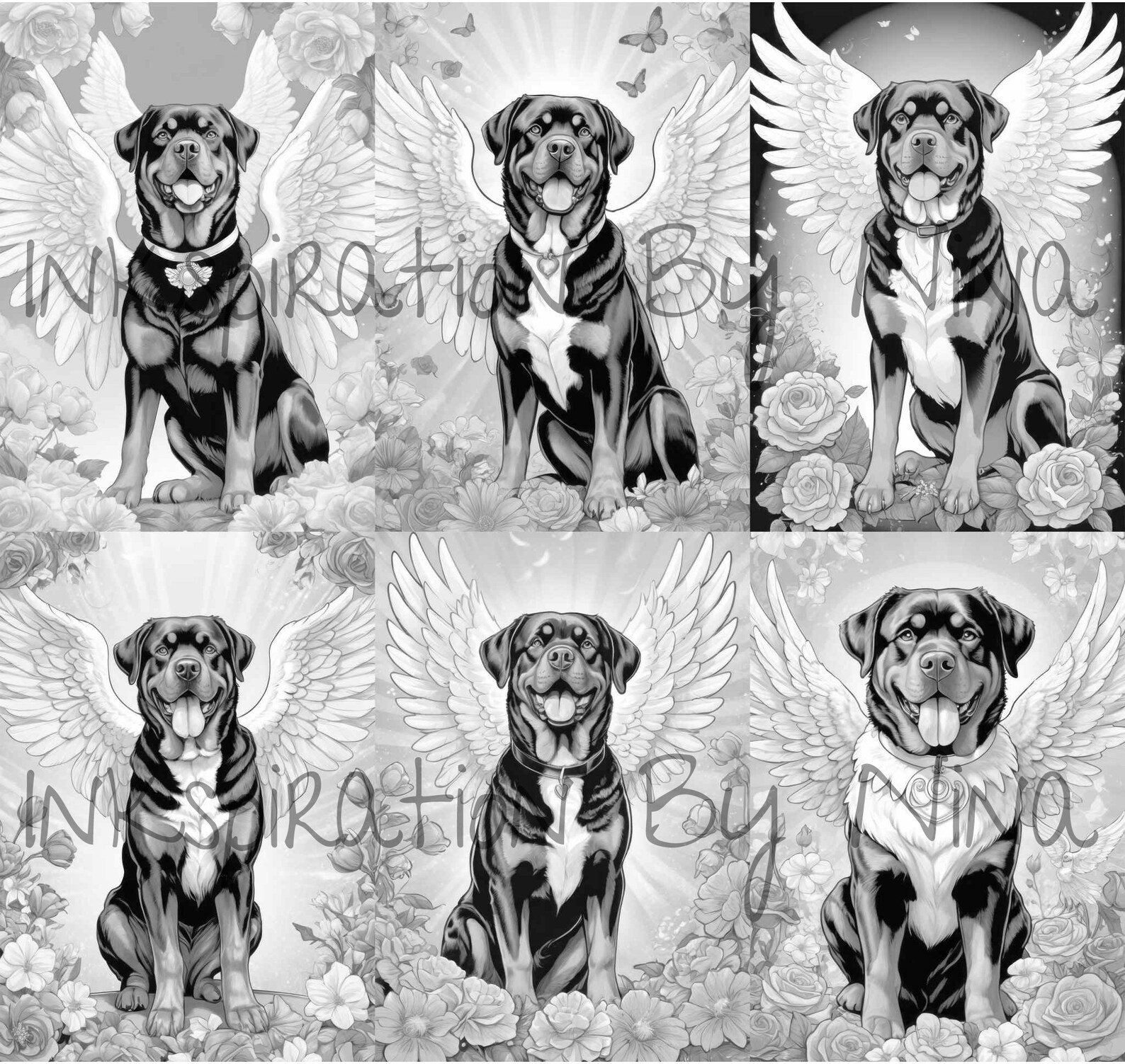 Rottweiler Angel Coloring Book, 30 Detail Greyscale Adult & Kids Good ...